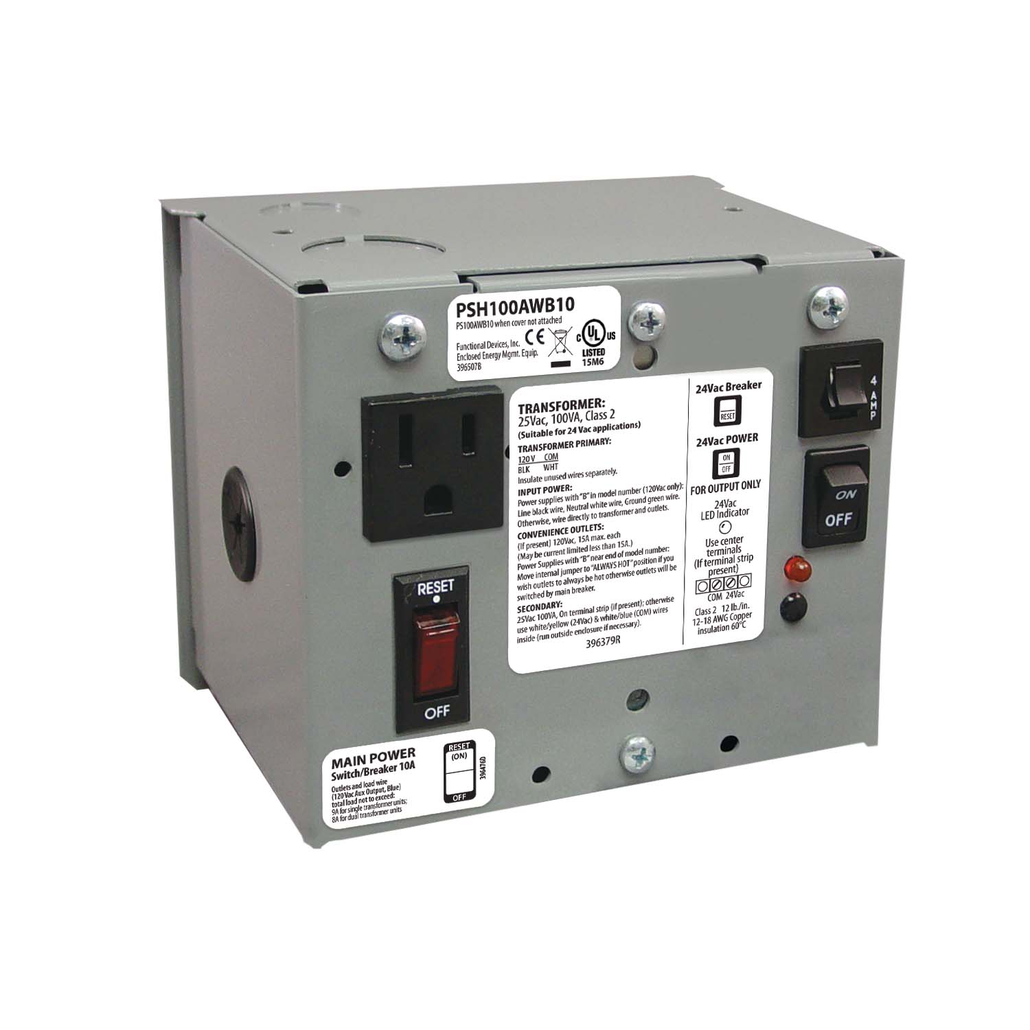 PSH100AWB10 | Enclosed Single 100VA 120 Vac to 24 Vac UL Class 2 Power ...